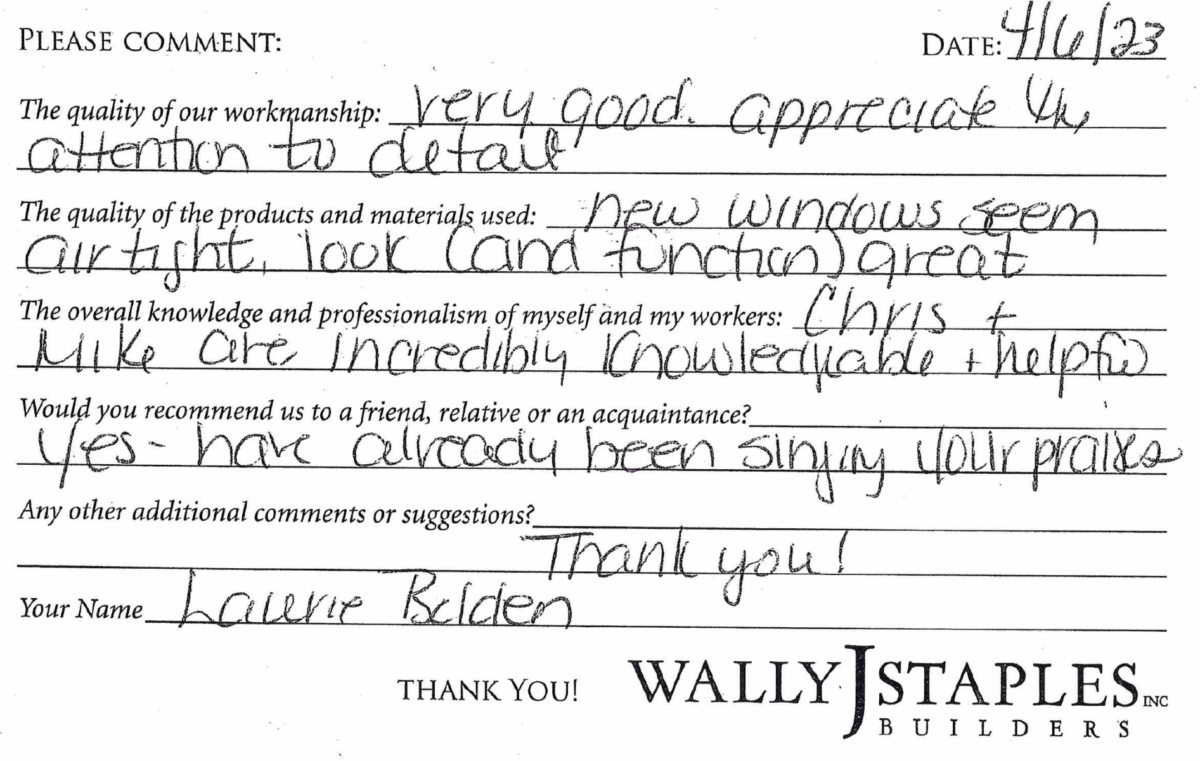 Homeowner Comments Cards & Testimonials | Wally J Staples Builders
